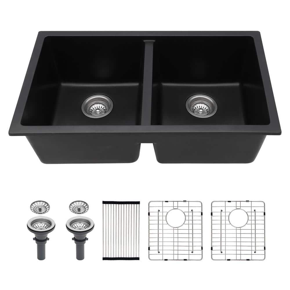 Sarlai 33 in. Low Divide Undermount Double Bowl Black Granite Composite ...