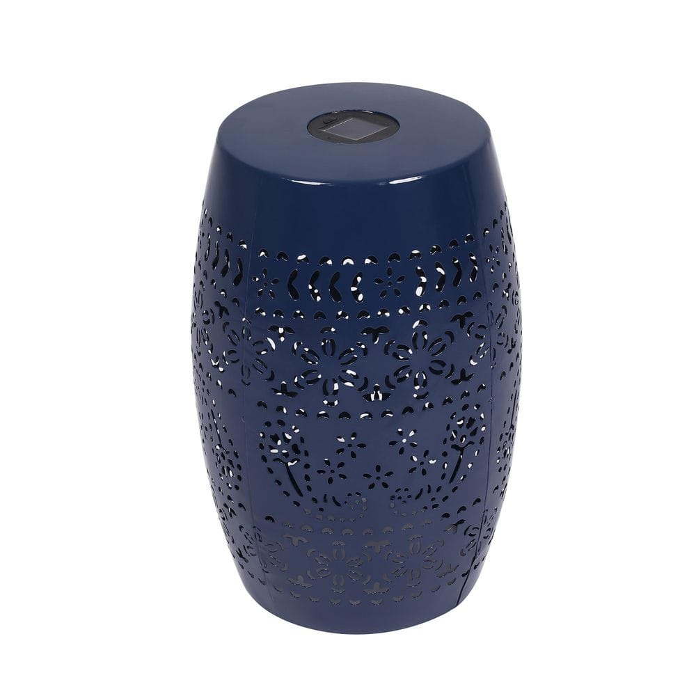 Dark Blue Round Metal Outdoor Solar Side Table with Built-in Solar Battery Stunning Flower ...