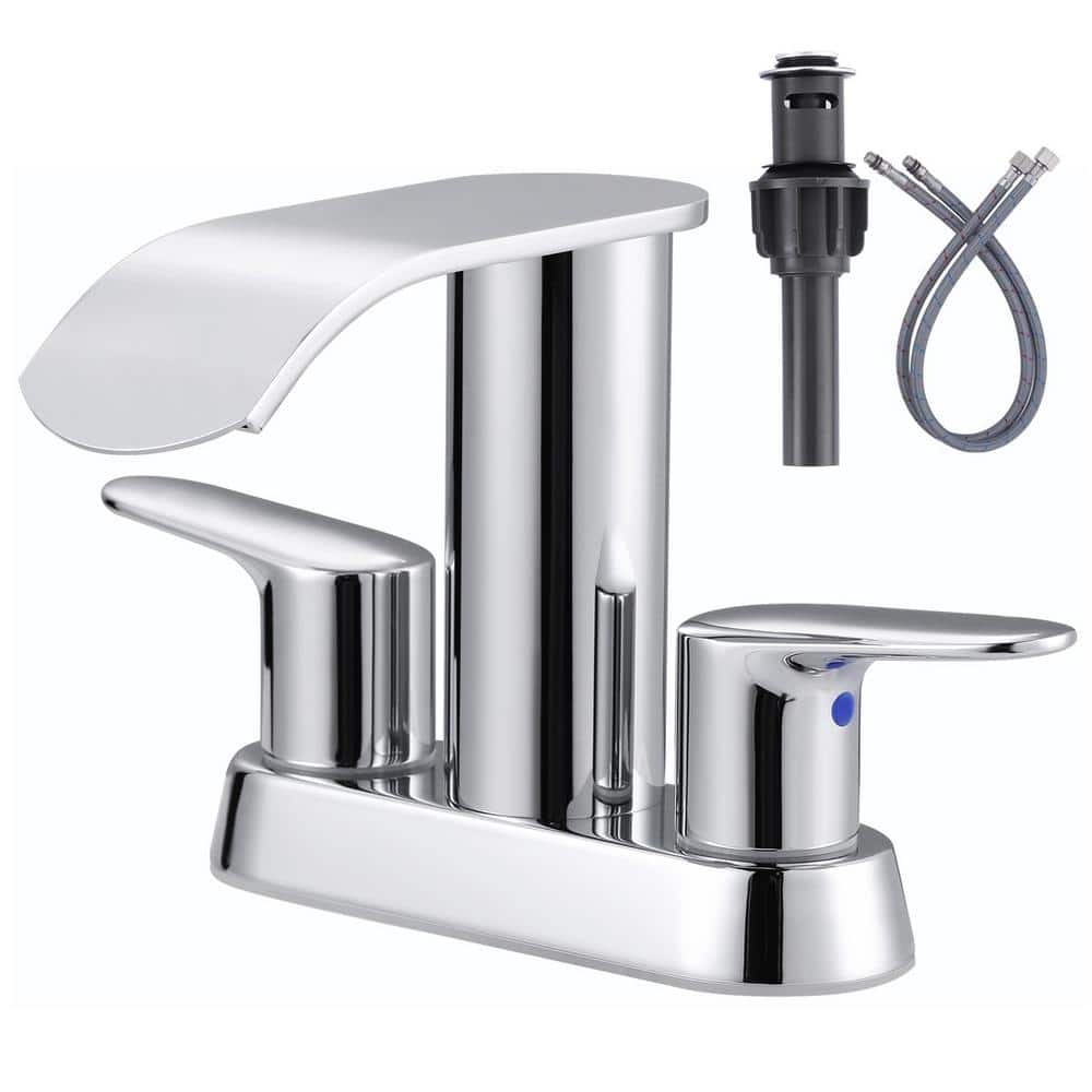 ARCORA 4 in. Centerset Double-Handle Waterfall Bathroom Sink Faucet Stainless Steel with Pop Up ...