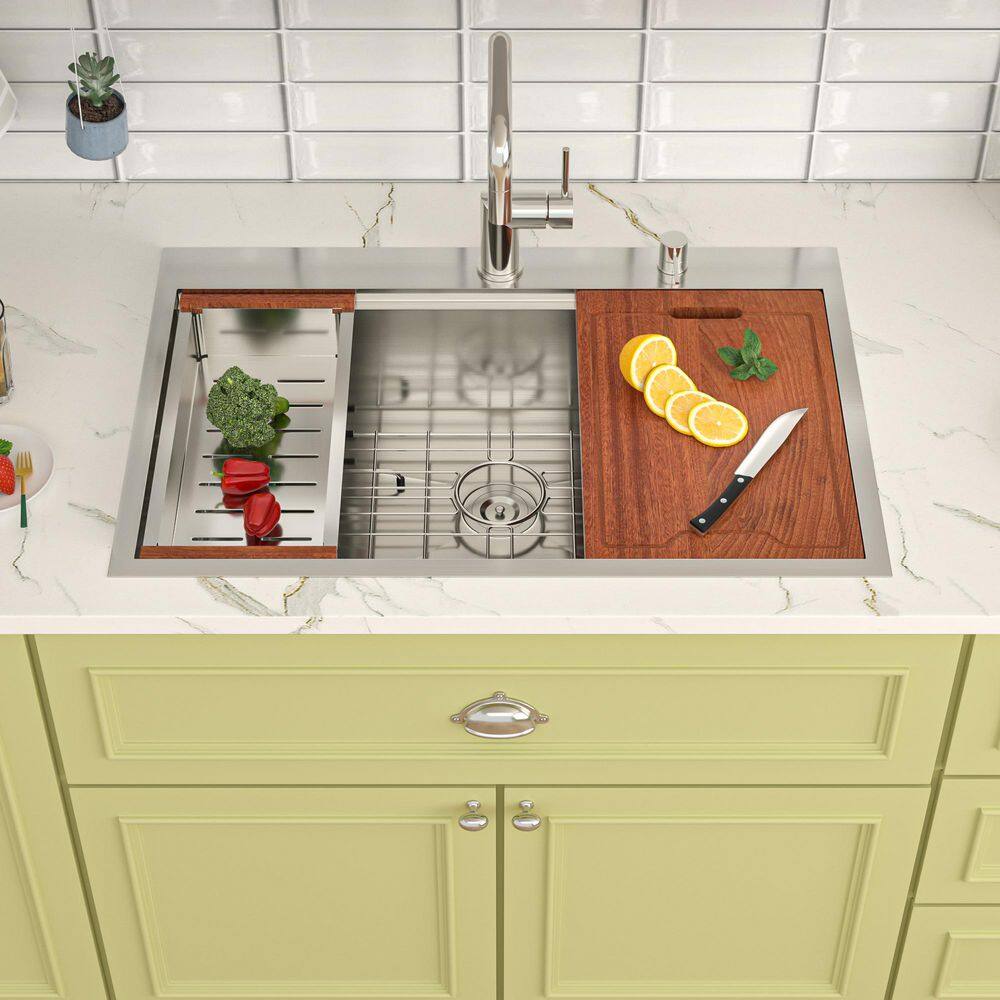 Qidian 30 in. Drop in Single Bowl 16-Gauge Brushed Nickel Workstation ...