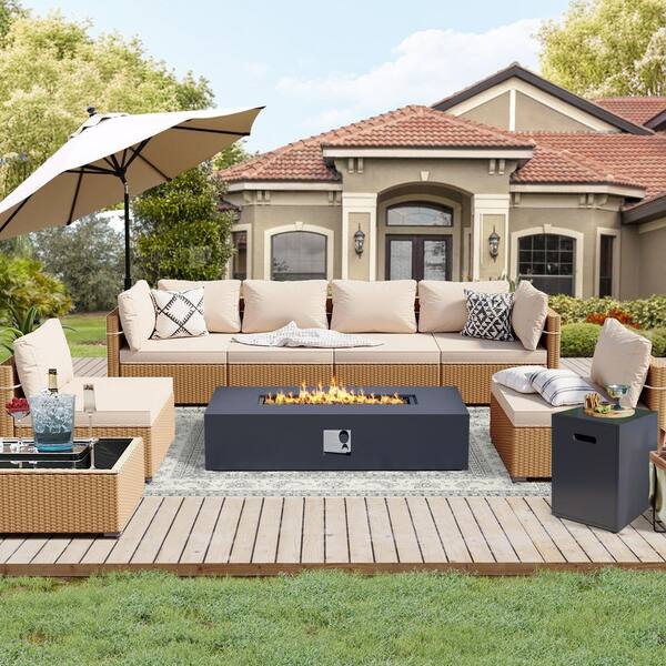 UPHA 9-Piece Outdoor Yellow Rattan Seating Set with Beige Cushions,a 56 ...