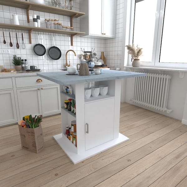 Tileon Kitchen Table with Storage Cabinets Center Island with Dividers and Storage Kitchen Storage Organization White