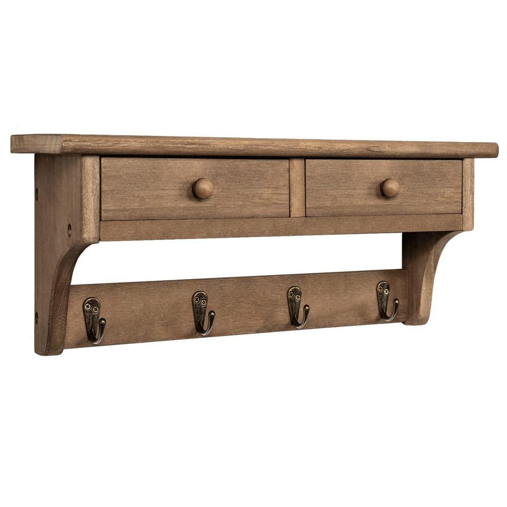 Rustic Wood Walnut Wall Mount Coat Rack Shelf with Hooks JO725WN - The ...