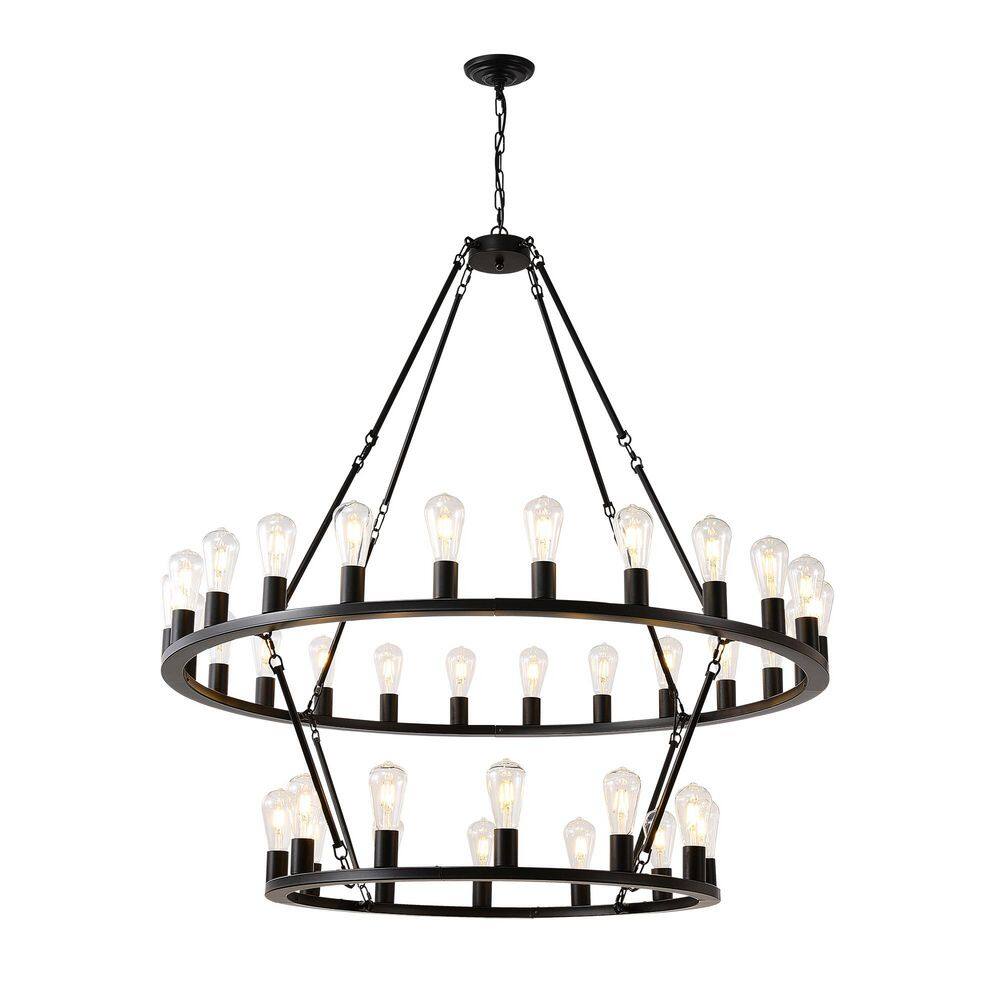 Basdien 36-Light Black 2 Tiers Wagon Wheel Chandelier Farmhouse Pendant ...