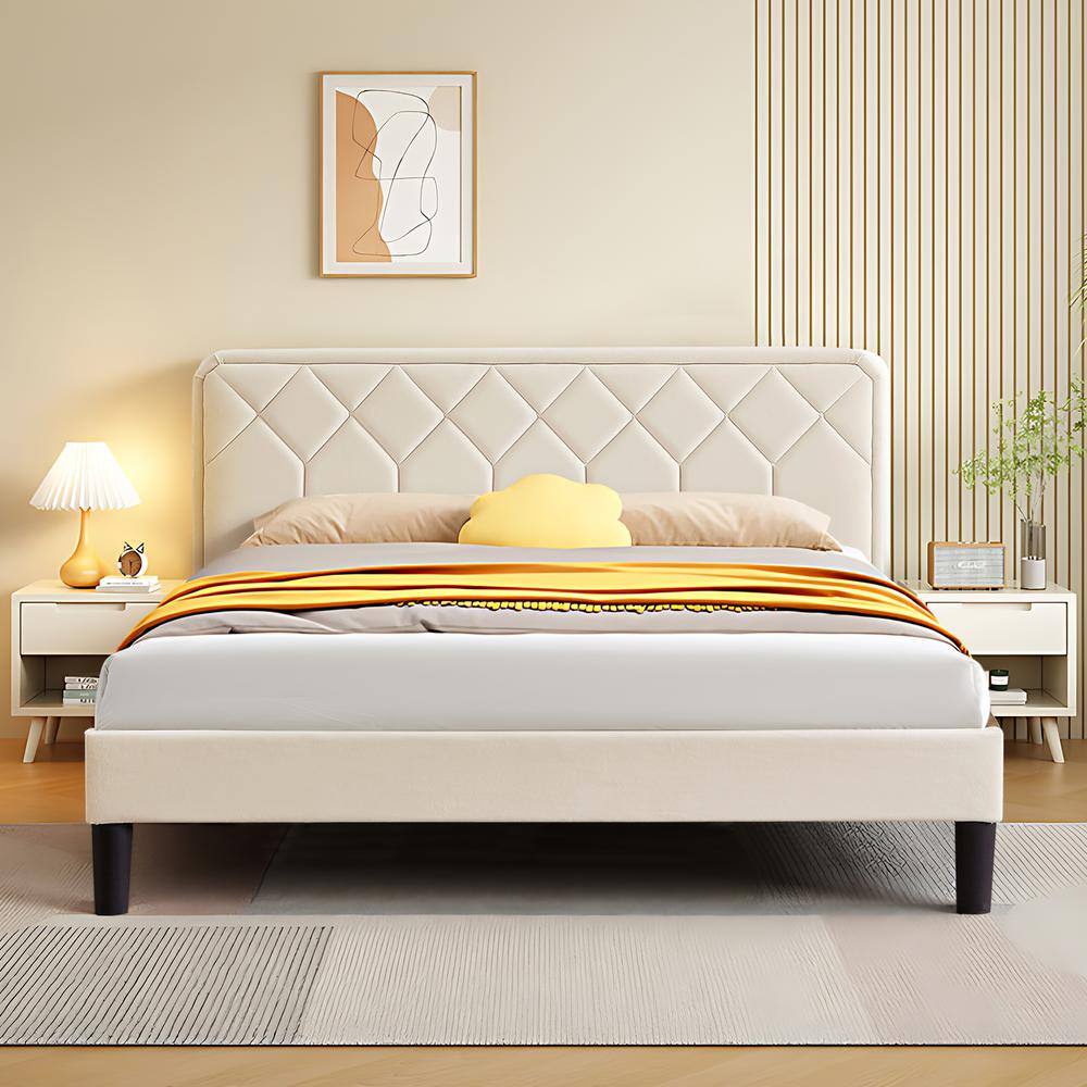 VECELO Bed Frame with Upholstered Headboard, Beige Metal Frame Queen ...