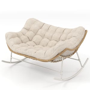 Double Wicker Outdoor Rocking Chair Loveseat Oversized 2-Person Patio ...