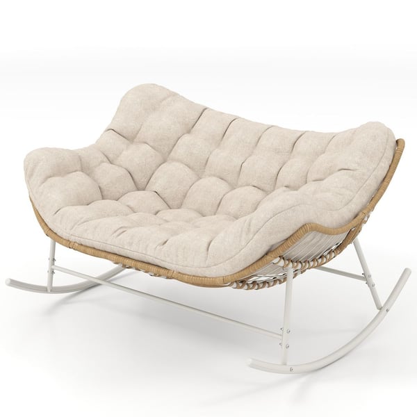 YIYEKE 2-Person PE Wicker Outdoor Rocking Chair Loveseat with Beige ...