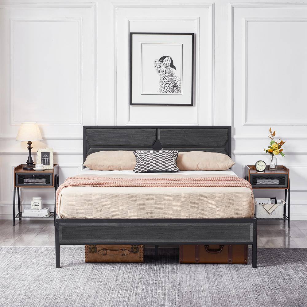 VECELO Bed Frame Black Metal Frame Full Size Platform Bed with Wooden ...