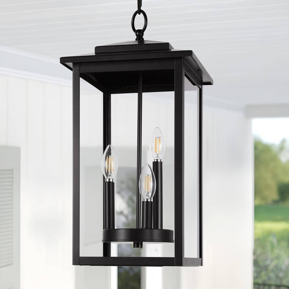 LamQee 21 in. 3-Light Matte Black Transitional Outdoor Pendant Light ...