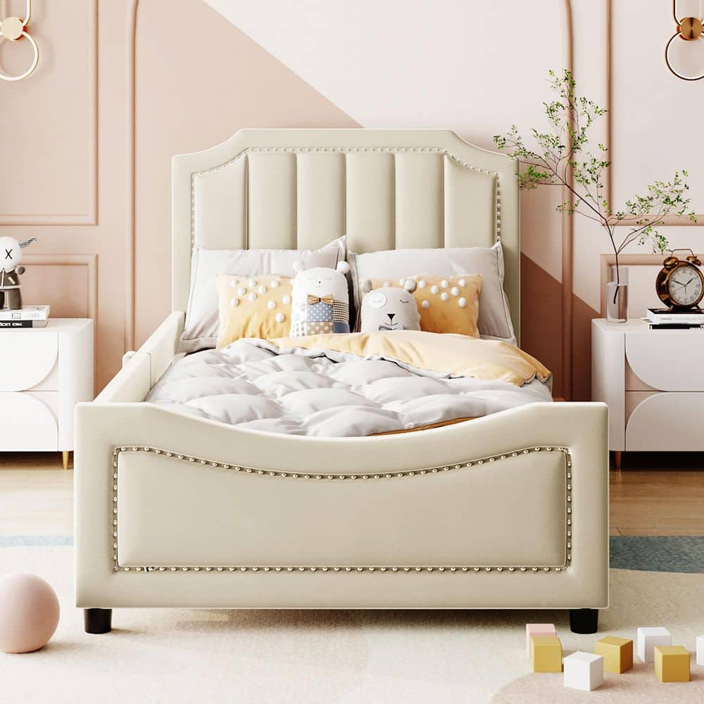 Qualler Beige Twin Upholstered Daybed with Classic Stripe Shaped ...
