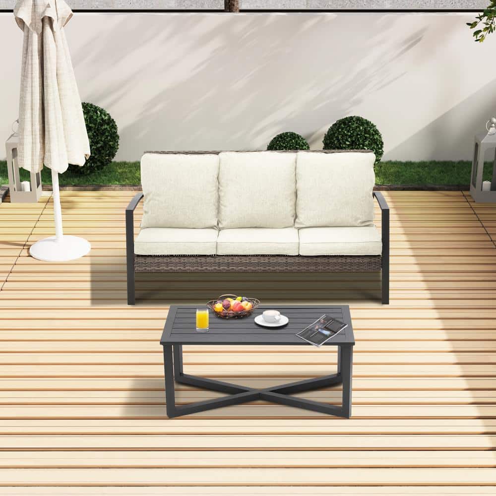 SUNVIVI 2-Piece Wicker Outdoor Conversation Set with Beige Cushions ...