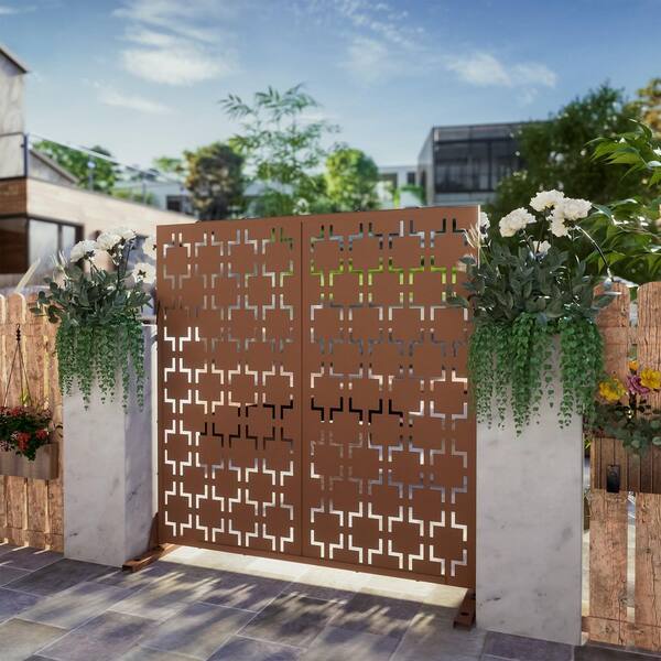 Lirago 72 in. x 47 in. Brown Metal Privacy Screen Galvanized ...