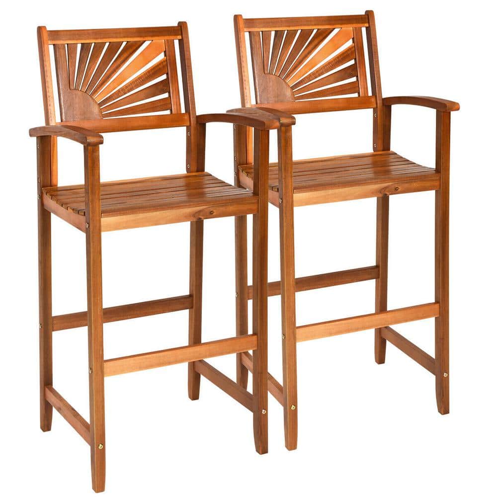 Gymax Acacia Wood Barstools 29.5 in. Bar Chair with Sector Backrest and ...