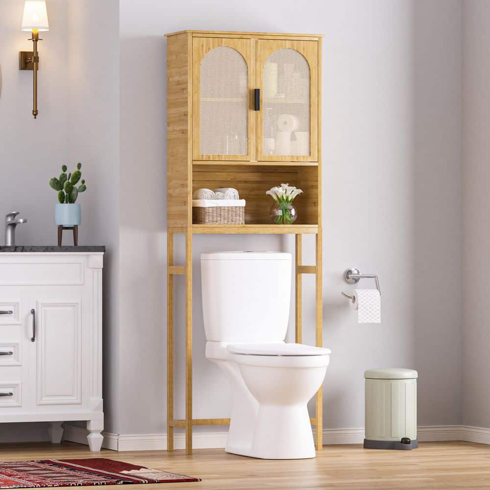 Rattan Over The Toilet Storage Cabinet, Tall Storage Shelves Wood Rack