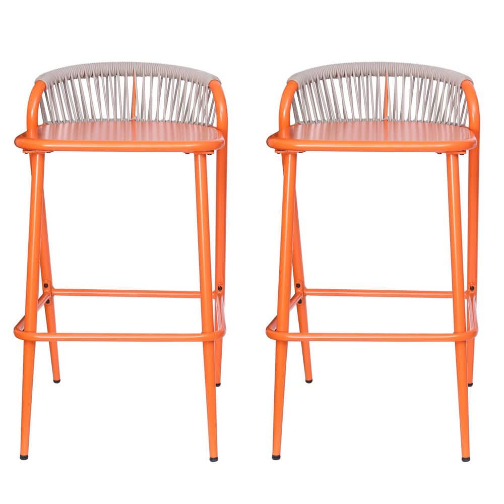 2-Piece Orange Aluminum Counter Outdoor Bar Stools with Rope-Woven ...