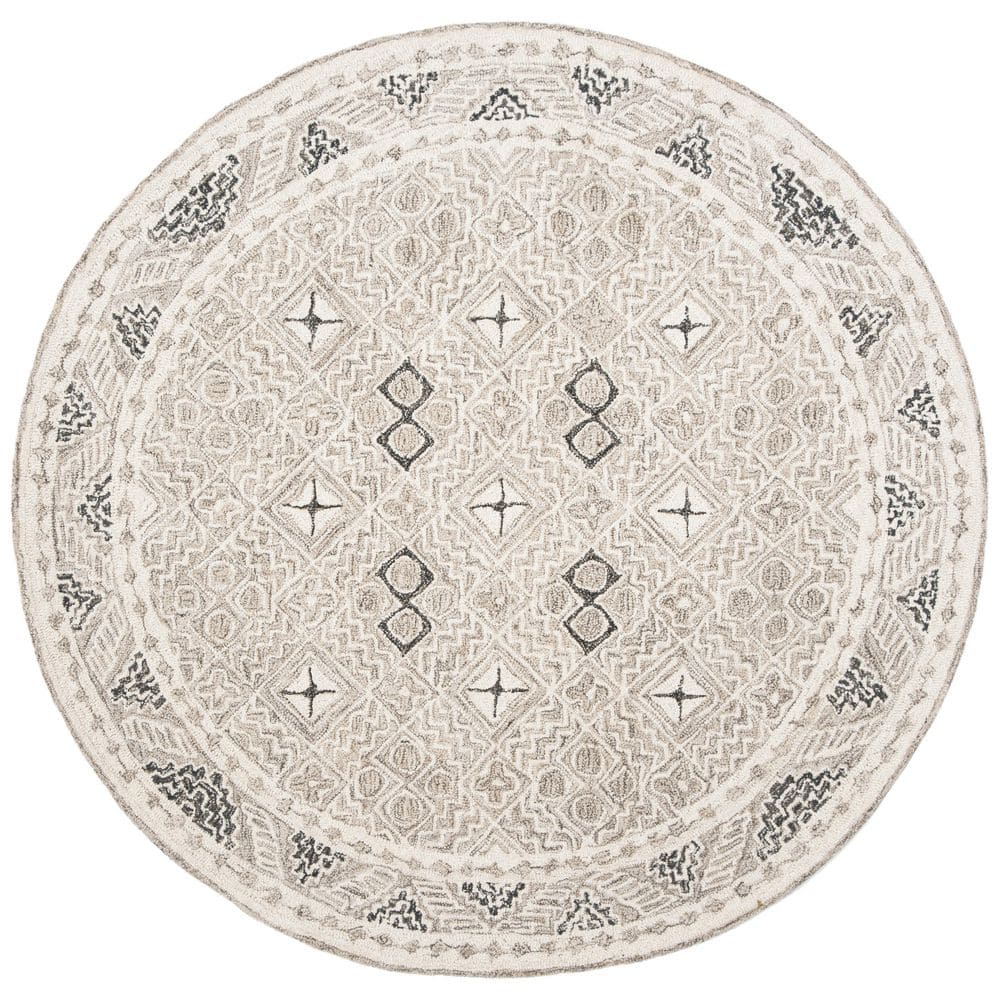 SAFAVIEH Micro-Loop Grey/Ivory 5 ft. x 5 ft. Multi-Diamond Border Round ...