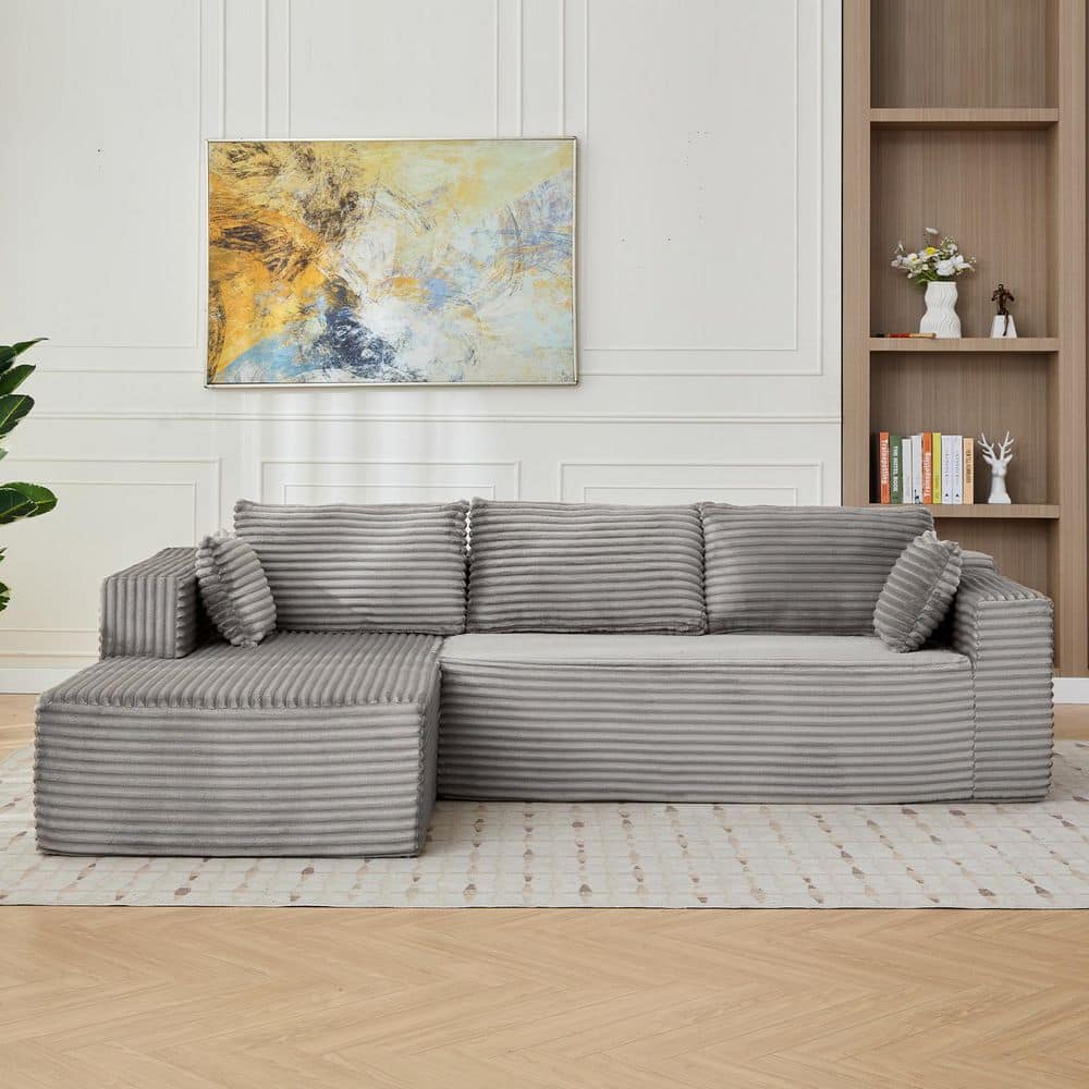 Qualler 110 in. Corduroy Fully Compressed Sectional Sofa in Gray ...