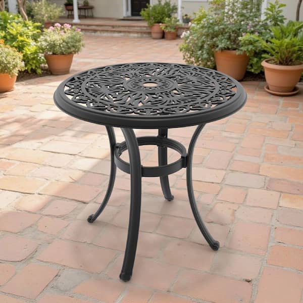 26.77 in. Cast Aluminum Round Outdoor Patio Bistro Table with Umbrella ...