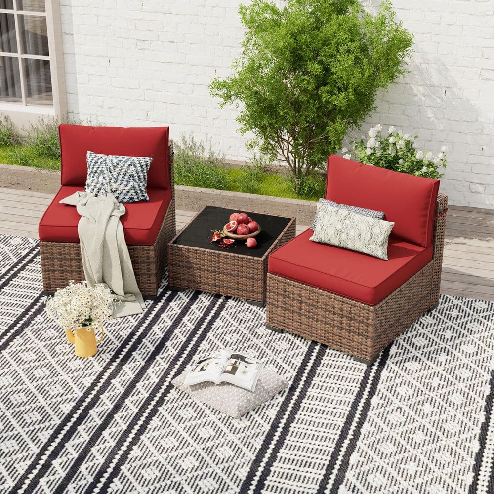Poteban 3-Piece Wicker Patio Conversation Set with 4 in. D Cooling ...
