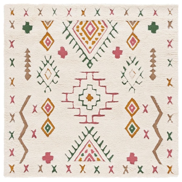 SAFAVIEH CasablancaIvory/Pink 6 ft. x 6 ft. High-Low Aztec Square Area ...