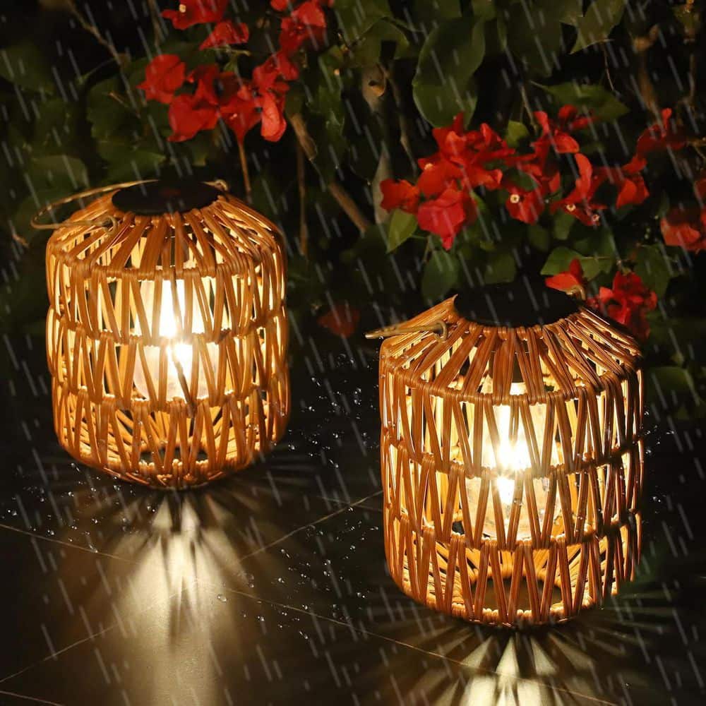 8 in. x 6 in. 2-Pieces Brown Plastic Solar Lanterns, Waterproof, Rattan ...