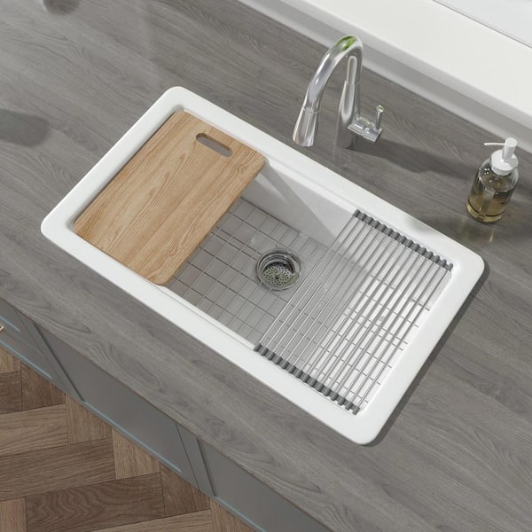 HOMLYLINK Workstation Kitchen Sink 33 x 19 in. Drop-In Single Bowl ...