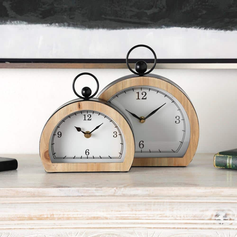 Litton Lane White Wooden Semicircle Clock with Brown Wooden Frame and ...