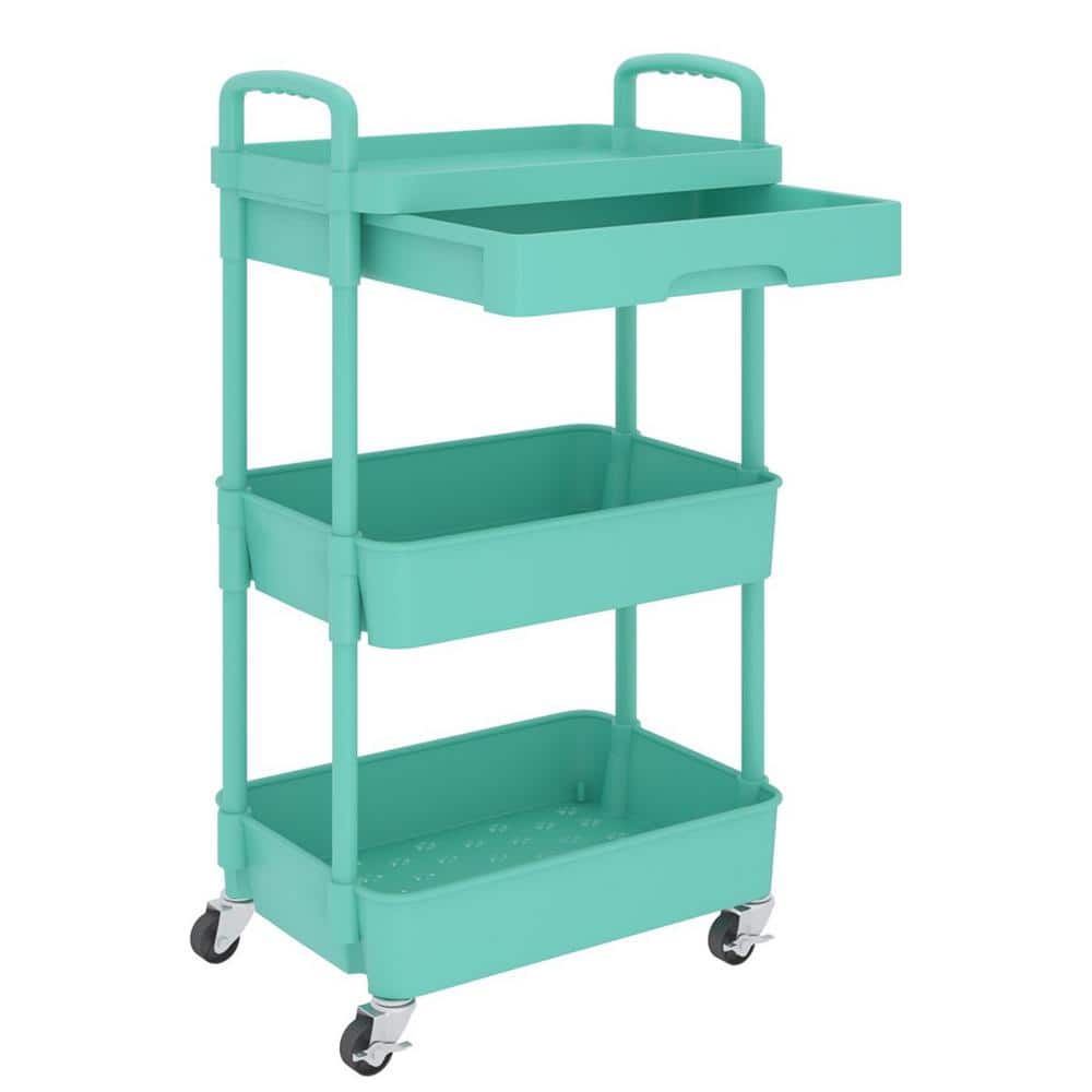 Angel Sar 3-Tier Rolling Utility Serving Cart in Green with Drawer ...