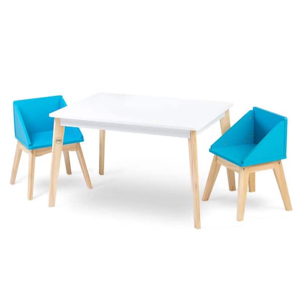 Wildkin Blue Modern Table and Chair Set White Table Natural Legs with ...