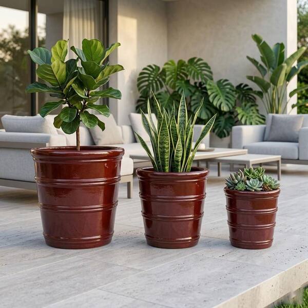 YOUFUNIQUE Bean Paste Red Ceramic Round Planter Set with Varied Sizes ...