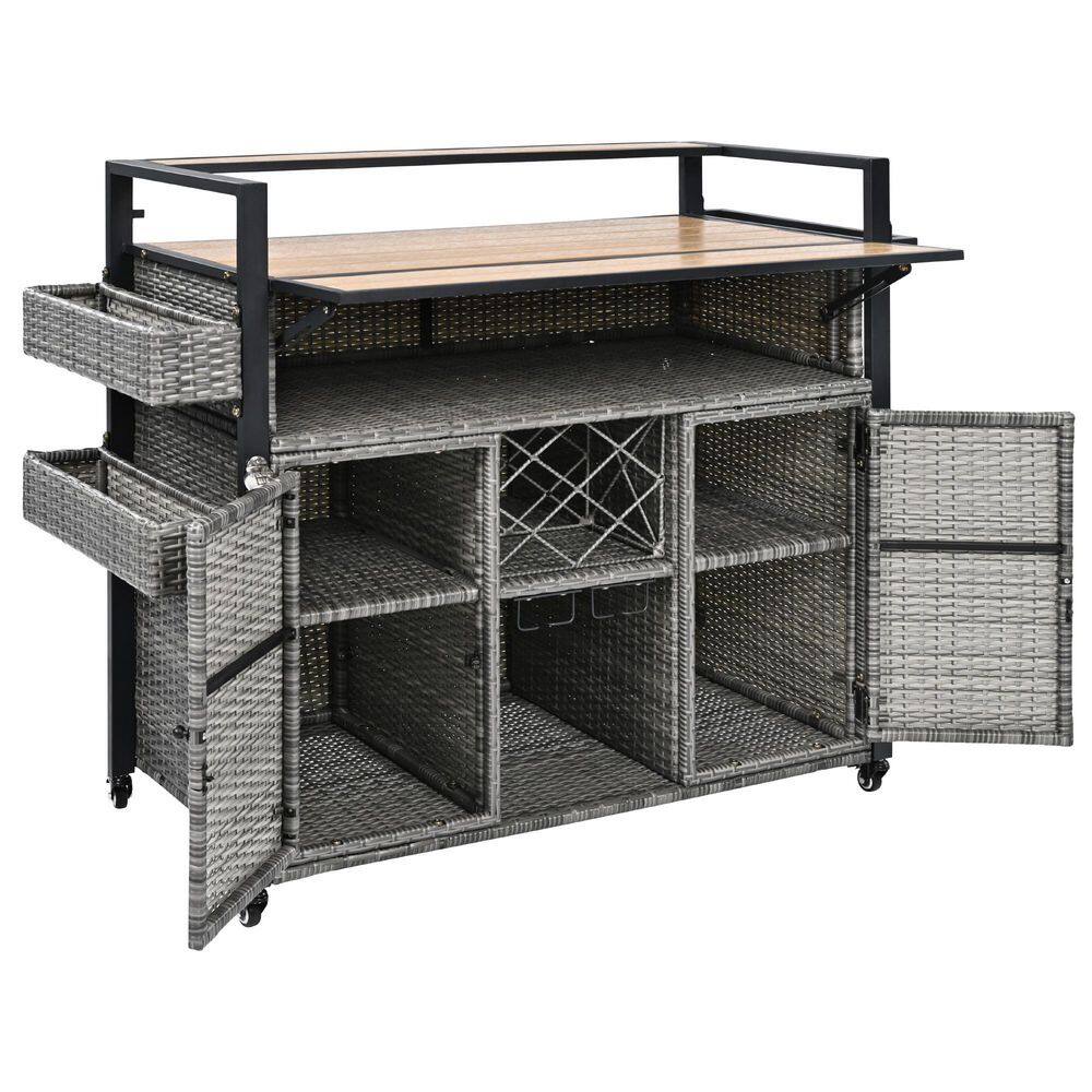 Gray Wicker Outdoor Grill Cart, Rolling Kitchen Island with Extended ...