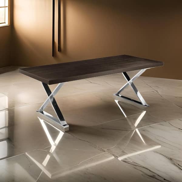 Benjara Rix Espresso Brown and Chrome Wood 39 in. Sled Dining Table ...