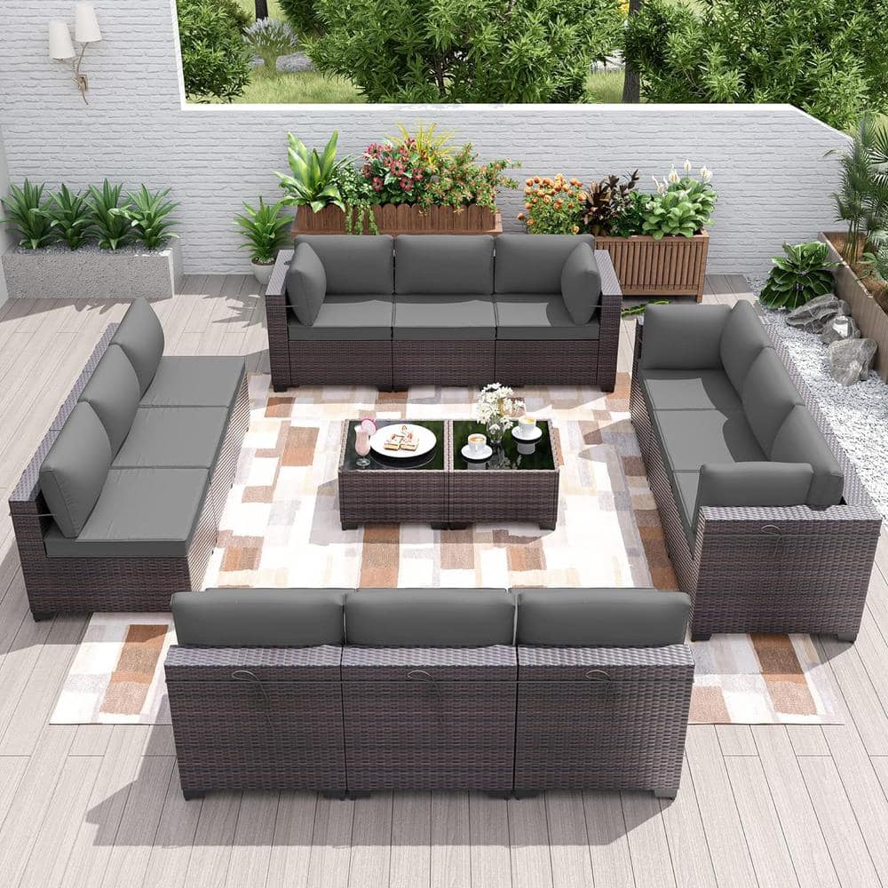 Halmuz 14-Piece Brown Wicker Outdoor Sectional Set with Glass Coffee ...