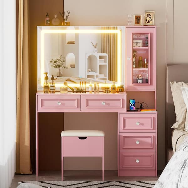 PAKASEPT Pink Makeup Vanity Sets with LED Lighted Mirror and Power ...