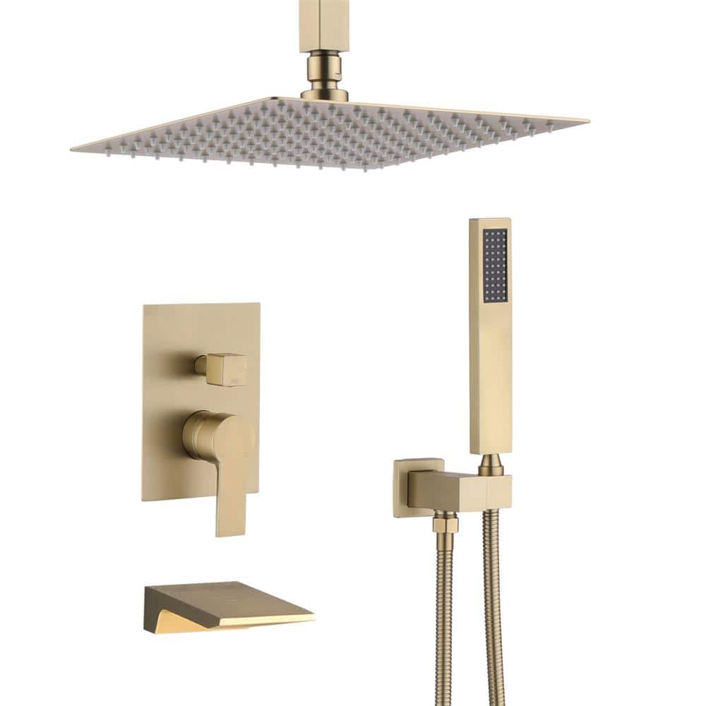 Lukvuzo 10 in. Brushed Gold Dual 2 Flow Rate Shower System with Rain Shower Faucet Sets ...