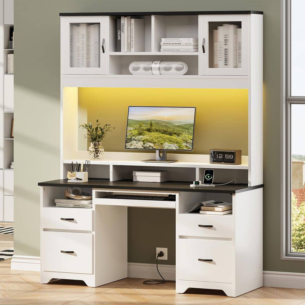 Bestier 59 in. Rectangular Black White Ergonomic Computer Desk with ...