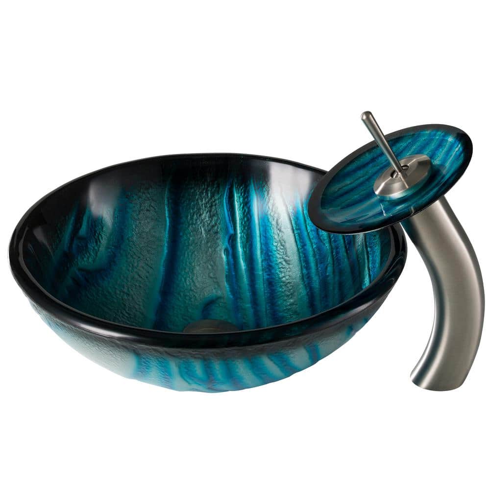 KRAUS Natura 17 in. Round Vessel Bathroom Sink in Blue Glass with ...