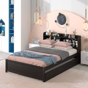 Qualler Classic Cherry Brown Wood Frame Queen Size Platform Bed with ...