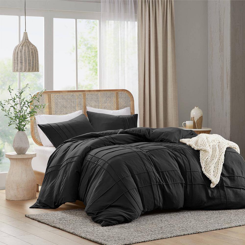 510 Design Porter 3-Piece Black Microfiber Queen Soft Washed Pleated ...