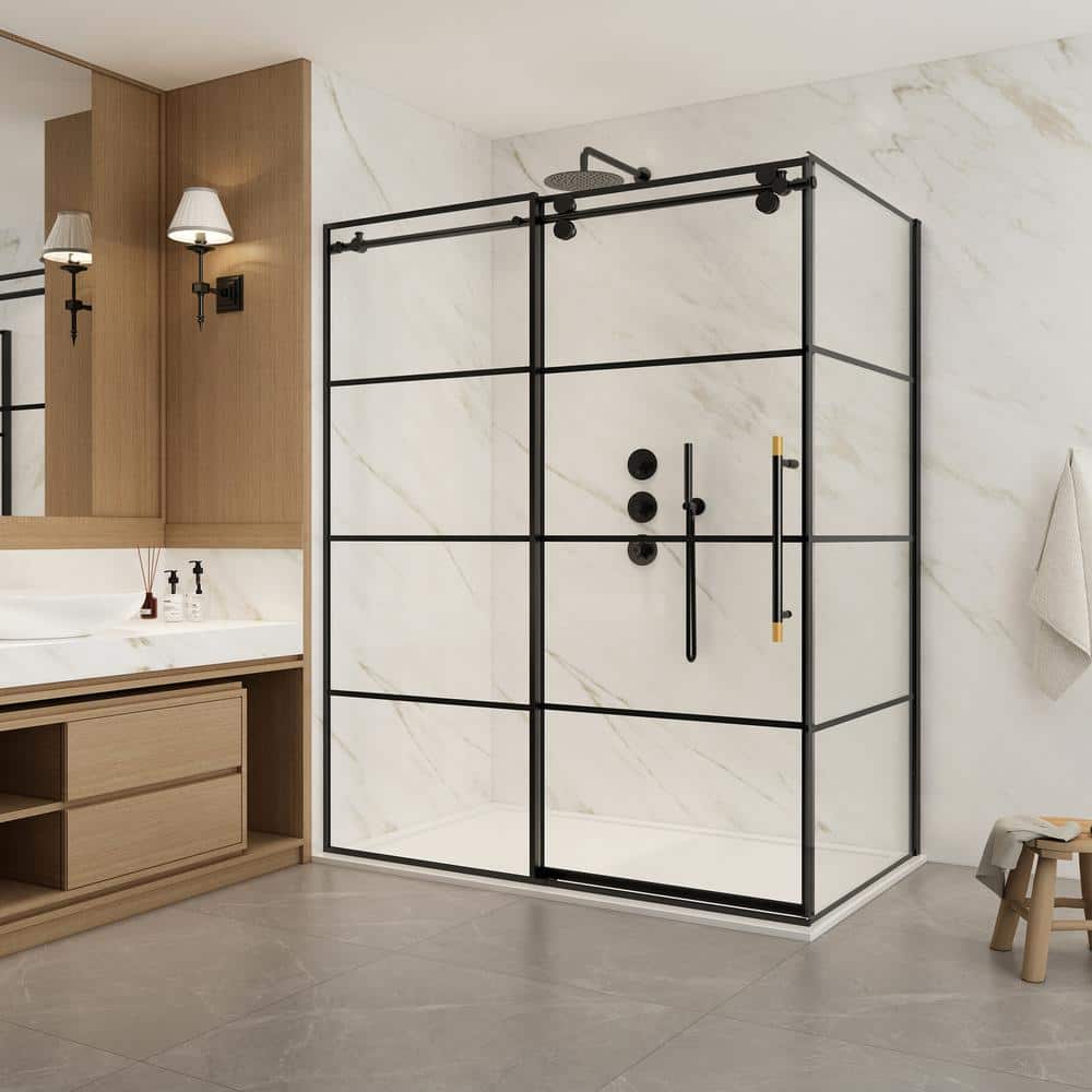 ROSWELL Losar 64 in. W x 78 in. H Rectangle Sliding Frameless Corner Shower Dooe Enclosure in ...