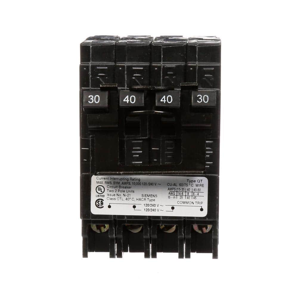 Siemens 40 Amp Double-Pole and 30 Amp Double-Pole Type QT Quad Circuit ...