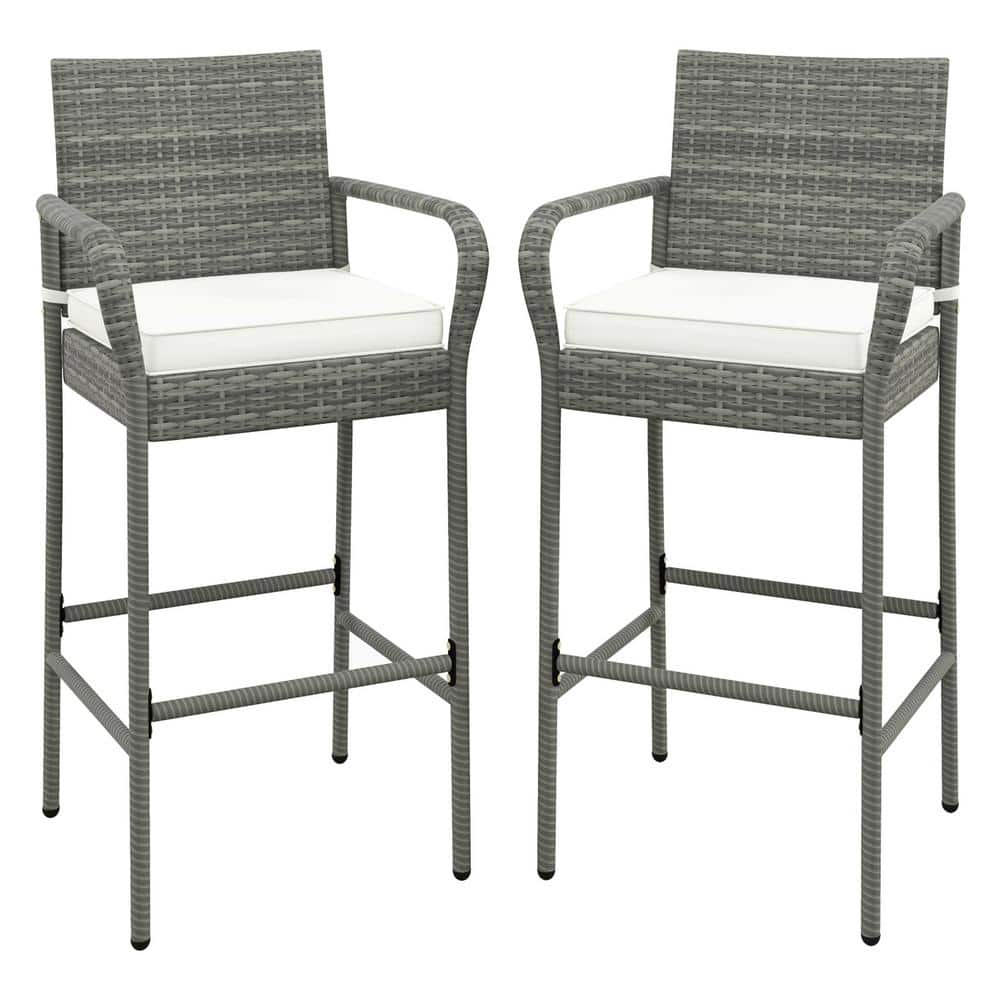 Gymax Wicker Outdoor Bar Stool Rattan Patio Bar Height Chairs with Off ...