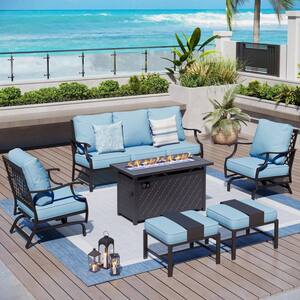 PHI VILLA 7 Seat 6-Piece Metal Outdoor Patio Conversation Set with Blue ...
