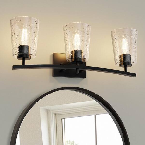 YANSUN 24 in. 3-Light Black Vanity Light with Clear Cone Glass Shades ...