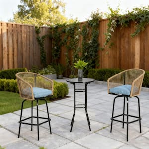 3-Piece Brown Wicker Bar Height Outdoor Bistro Set with Gray Cushion ...