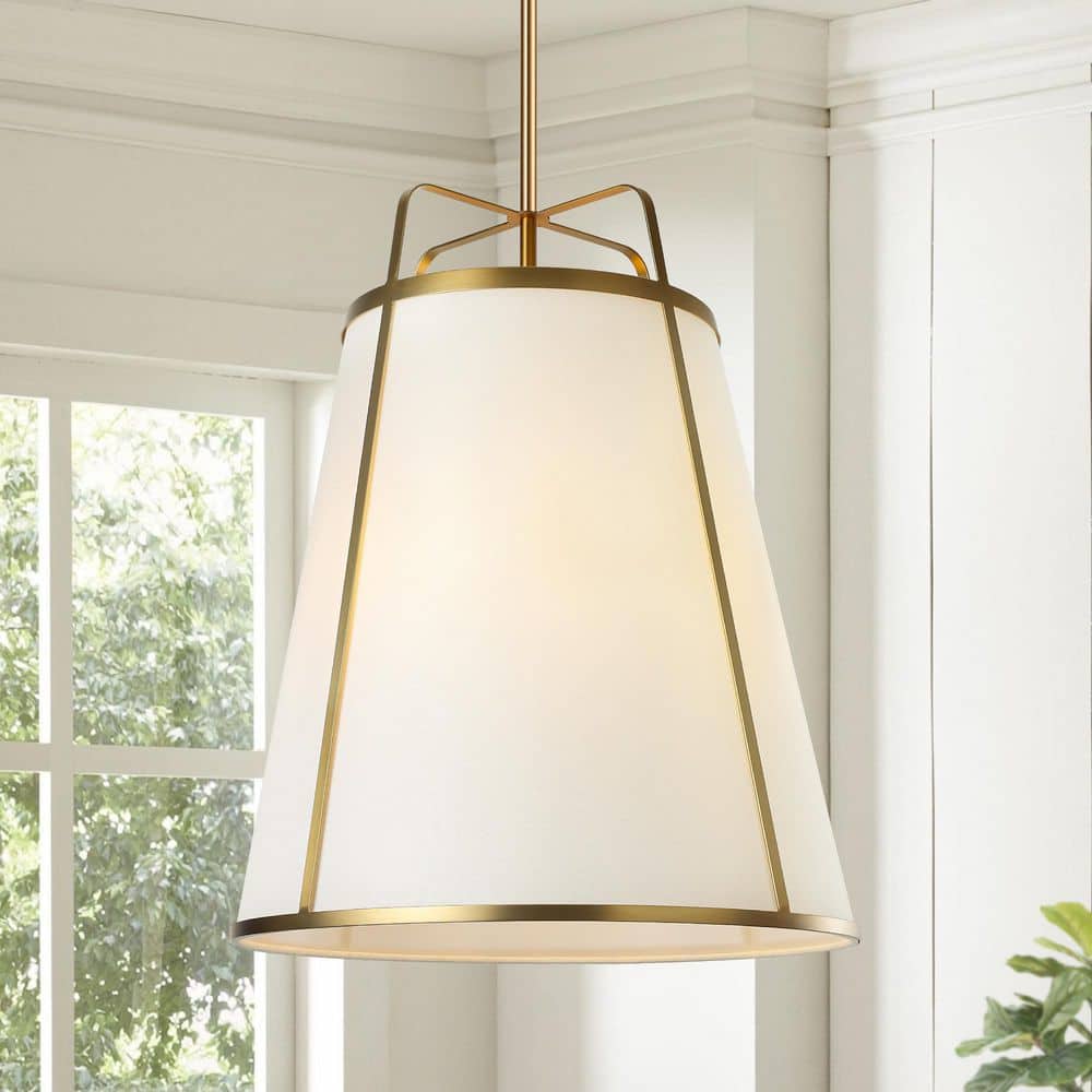 LamQee 3-Light 16 in. Gold Modern/Contemporary Fabric Drum Hanging ...