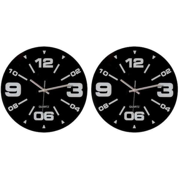 CLOCKSWISE Pack-2 12 in. Black Decorative Modern Round Glass Analog ...