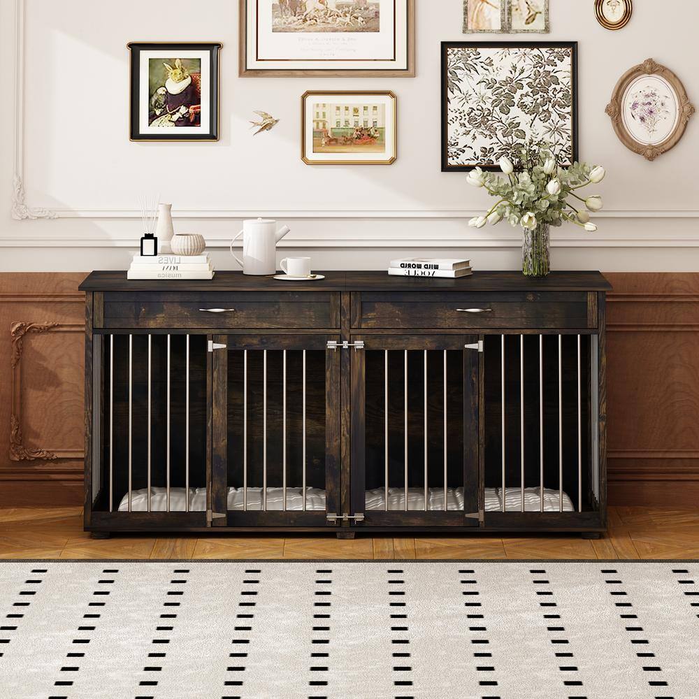 FUFU&GAGA Large Dog Crate Furniture with 2-Drawers, Indoor Wood Double Dog Cage Kennel for Small ...