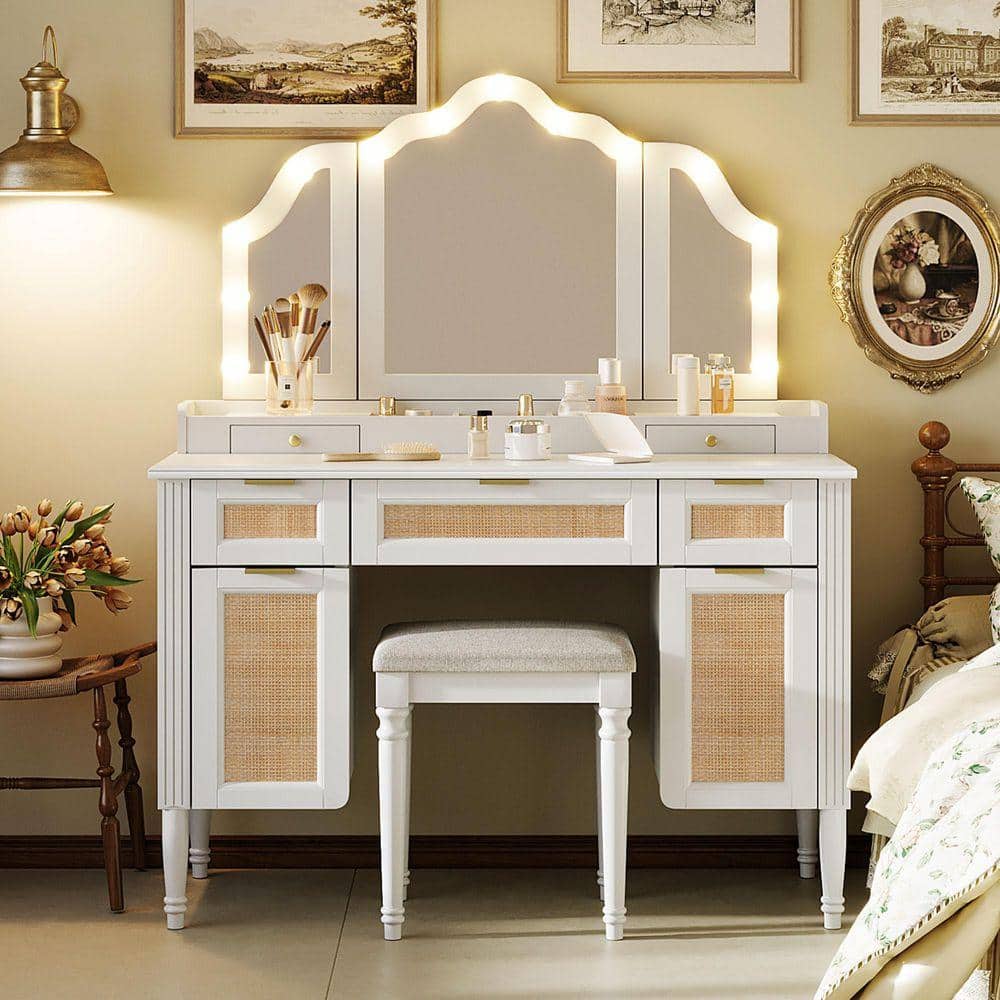 2-Piece White Makeup Vanity Sets with Cushioned Stool, Tri-Fold Mirror ...
