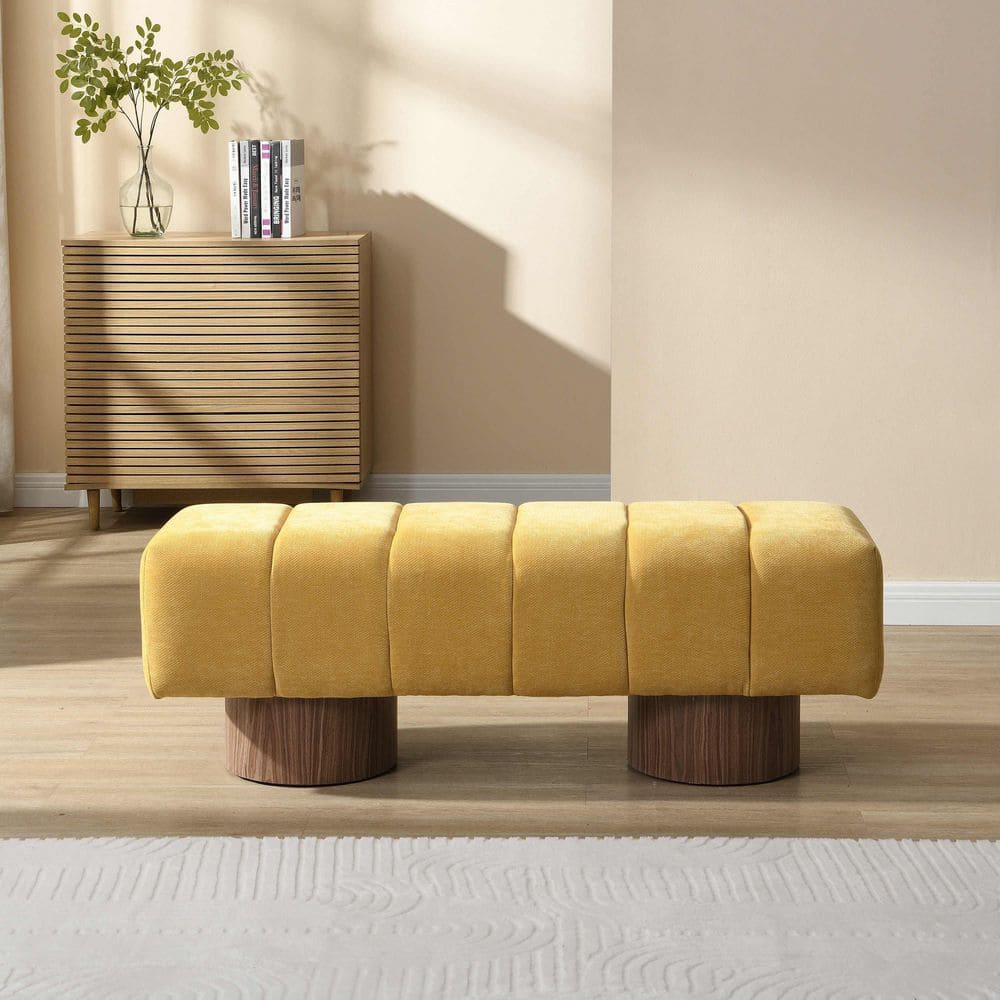 Polibi 50 in. Yellow Dining Bench with Wood Leg and Upholstered ...
